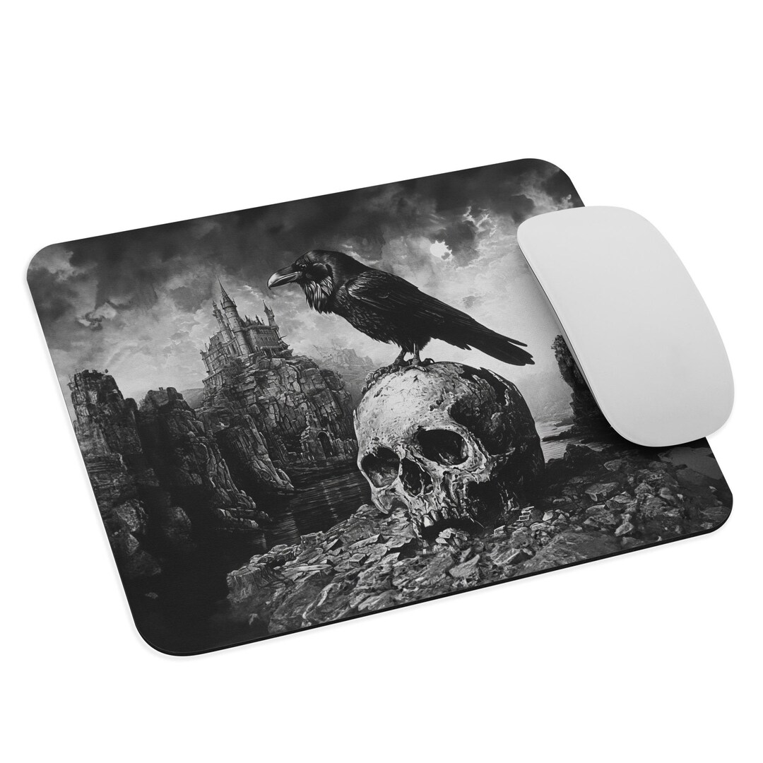 Gothic Raven on Skull Mouse Pad, Dark Art Desk Accessory, Unique Gothic ...