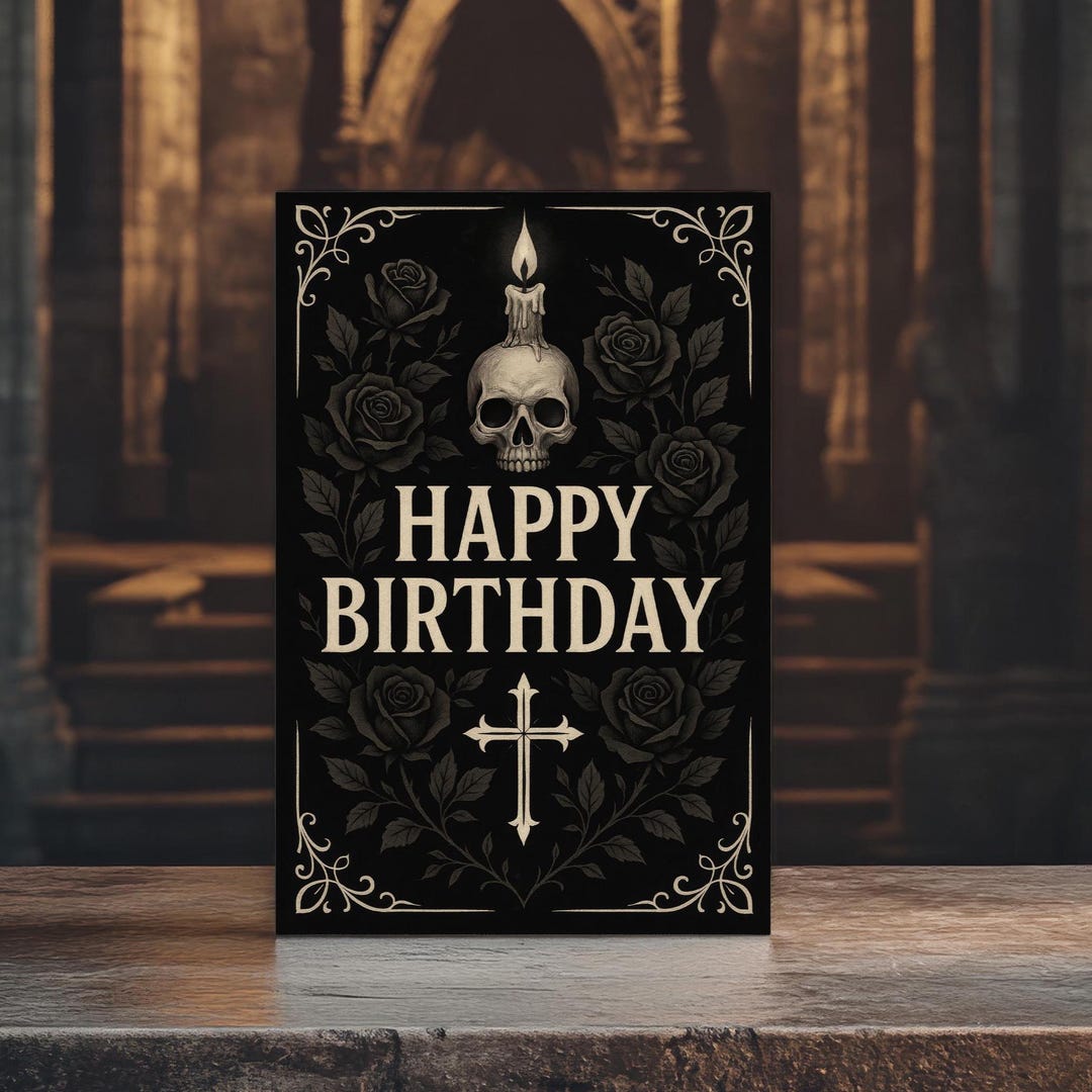 Dark Bloom Birthday – Gothic Birthday Card, Skull Candle & Black Roses ...