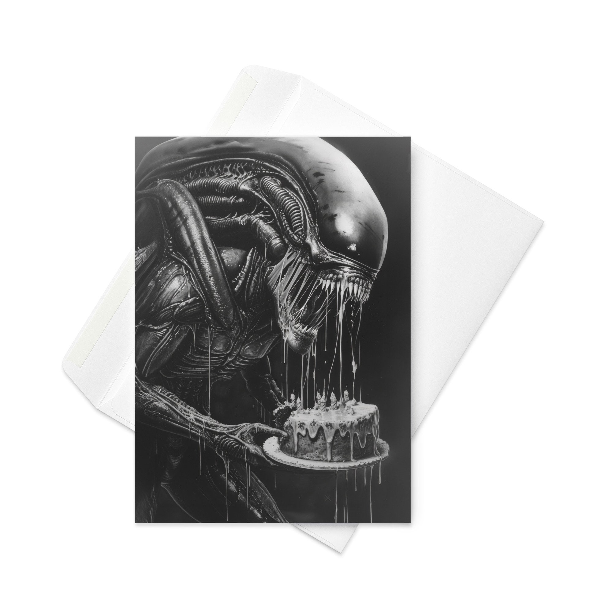 Alien Indulgence - Gothic Xenomorph Birthday Card, Messy Cake Encounter ...