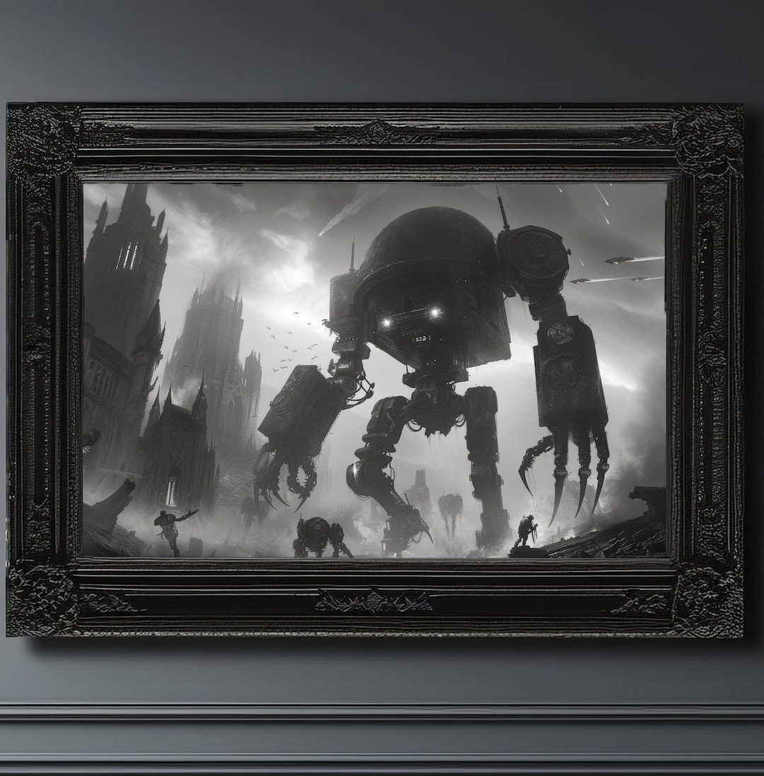 Giant Robots Art Print, City Destruction, Black and White Sci-fi ...