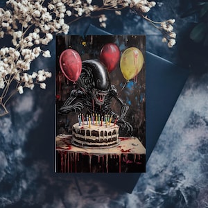 Xenomorph Alien Birthday Card Gothic Horror Theme With Balloons, Unique ...