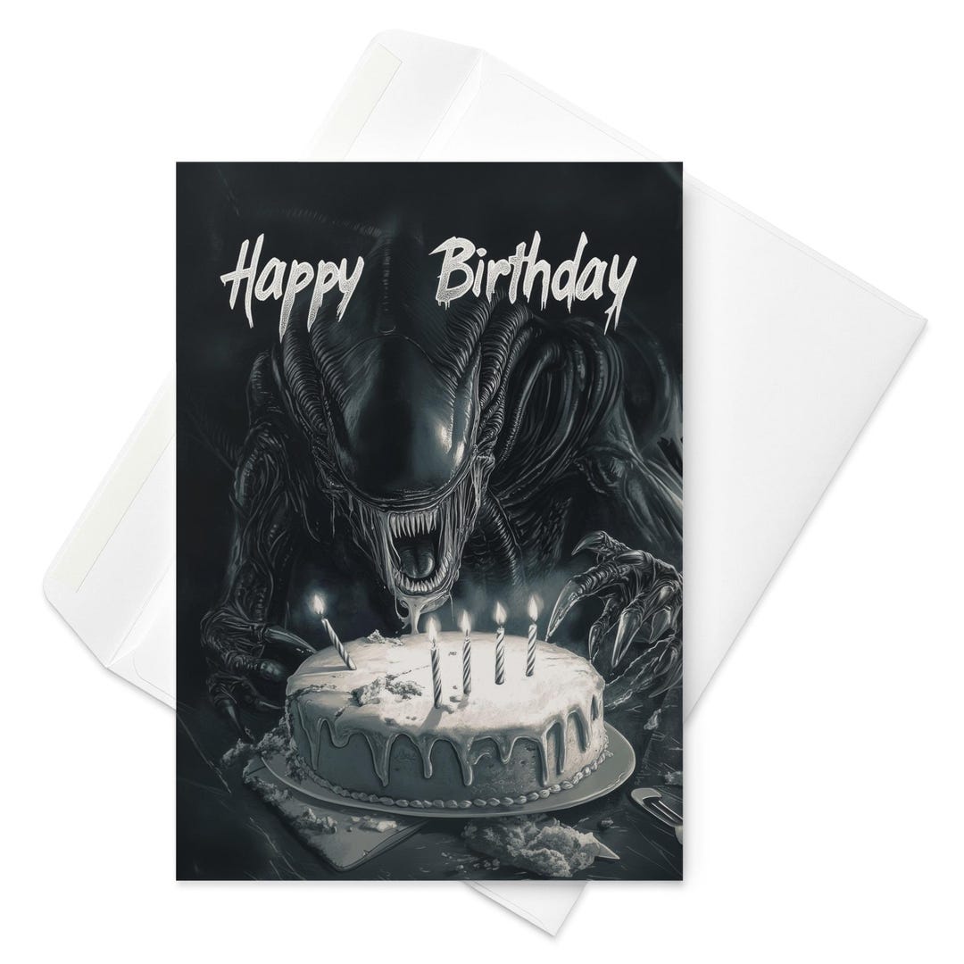 Alien Appetite Birthday Card Xenomorph Devouring Cake, Gothic Sci-fi ...