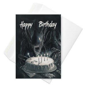 Alien Appetite Birthday Card - Xenomorph Devouring Cake, Gothic Sci-fi ...