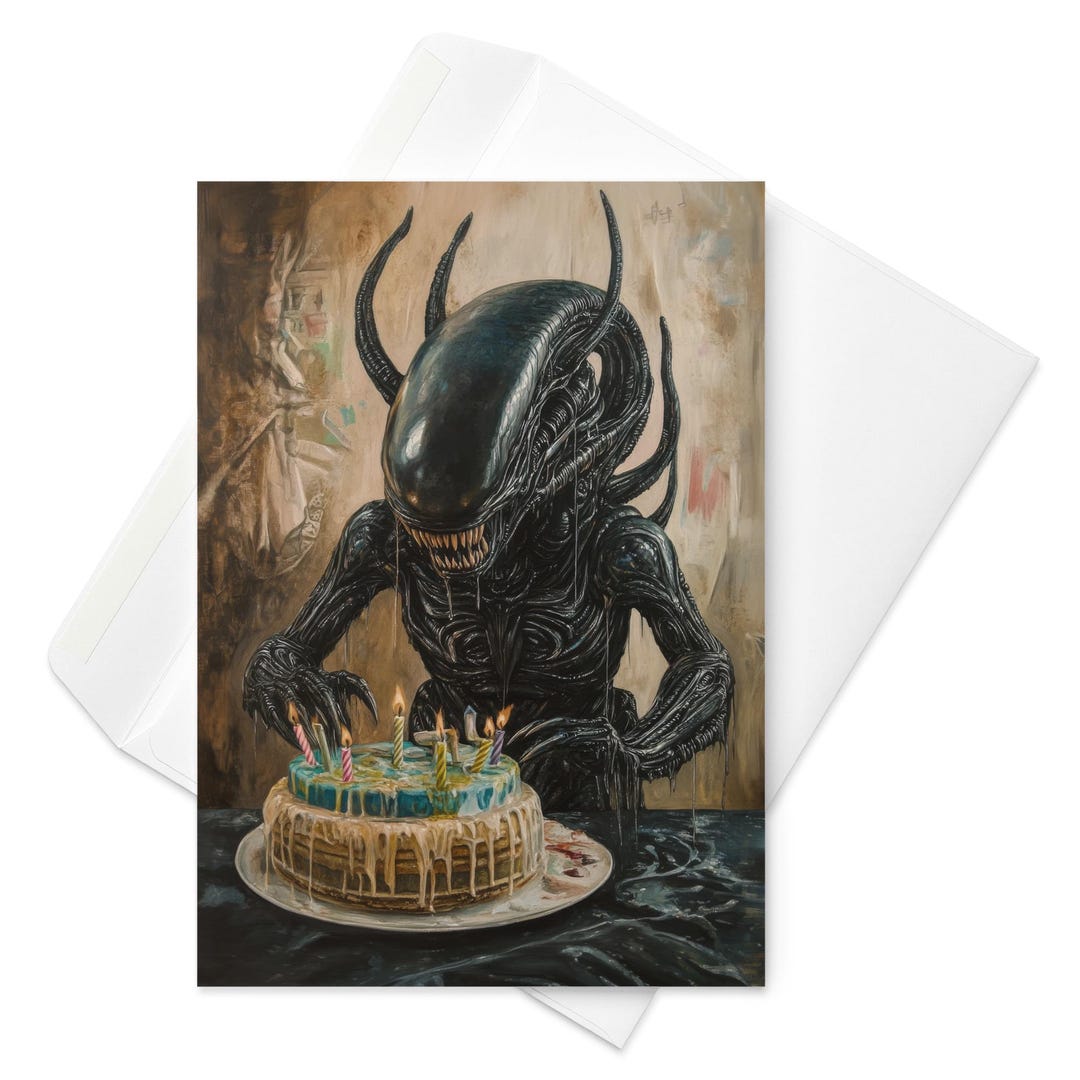 Gothic Horror Birthday Card With Xenomorph Alien at Party, Unique Dark ...