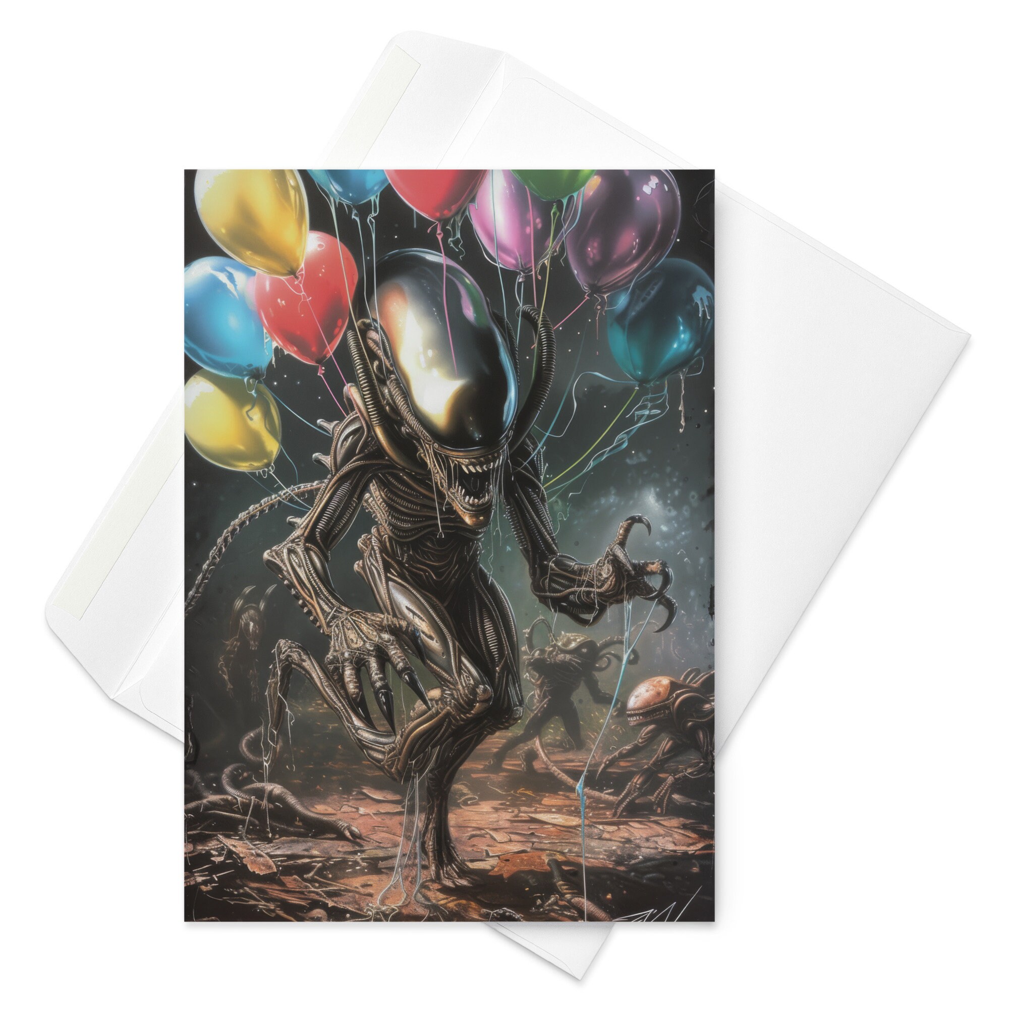 Xenoleap Surprise: Jumping Xenomorph With Balloons Birthday Card, Sci ...
