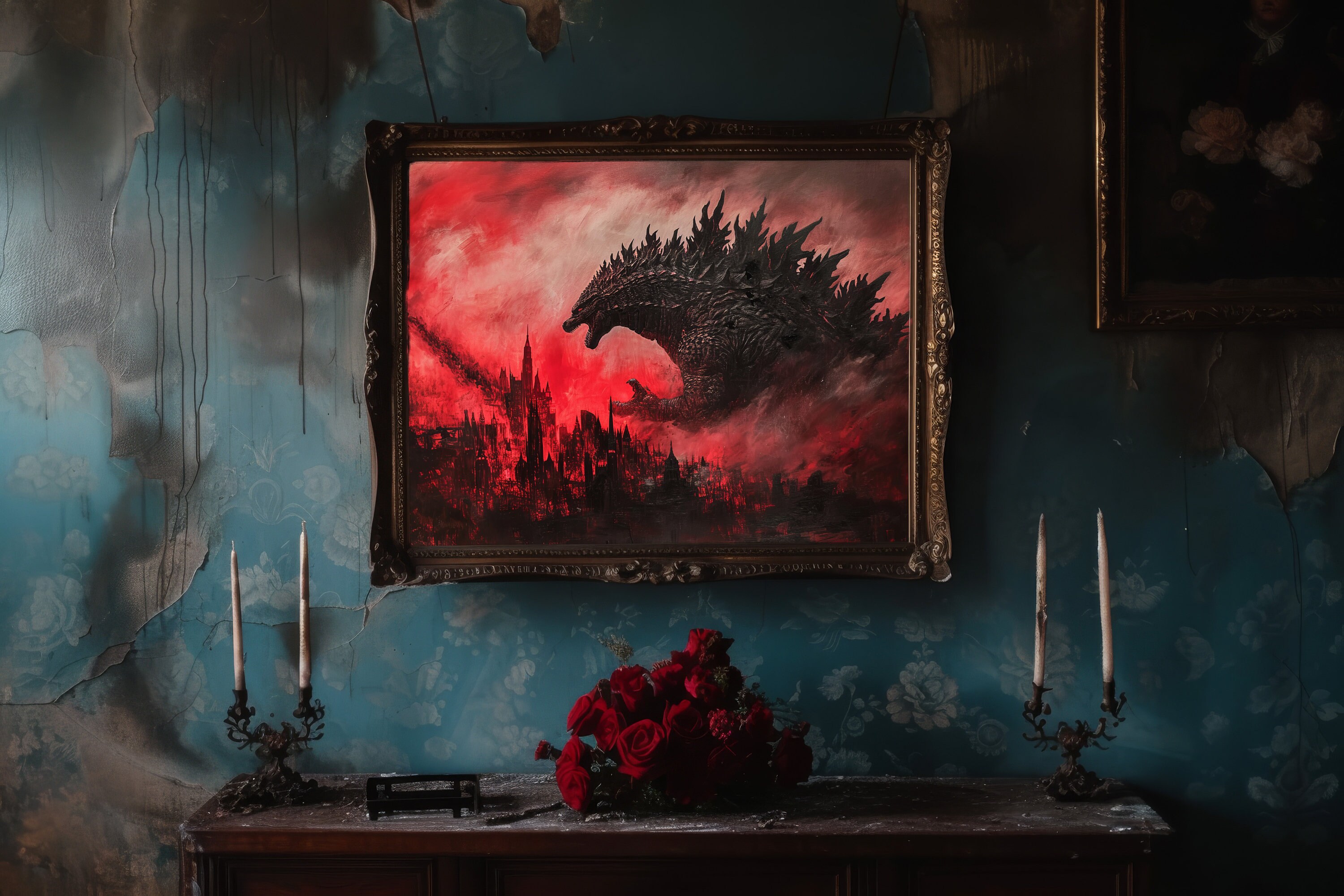 Rampage Red: Godzilla's Fury Hand-painted City Destruction Art Print ...