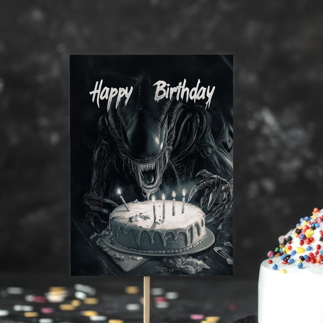 Alien Appetite Birthday Card - Xenomorph Devouring Cake, Gothic Sci-fi ...