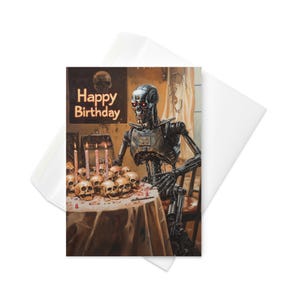 Dark Humor Terminator Birthday Card - Robot on Skull Table, Sci-fi ...