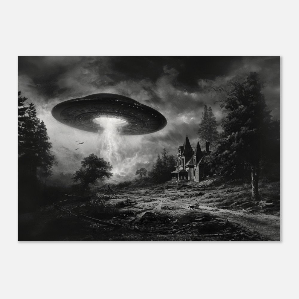 Gothic UFO Art Print, Victorian House, Black and White Wall Decor ...