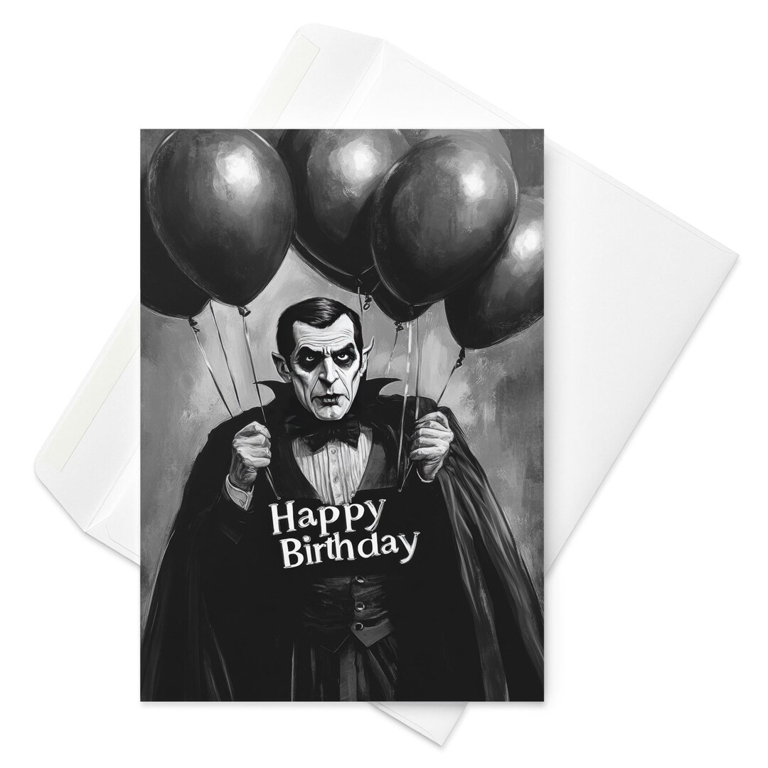 Black & White Dracula Birthday Card With Balloons Gothic Vampire ...