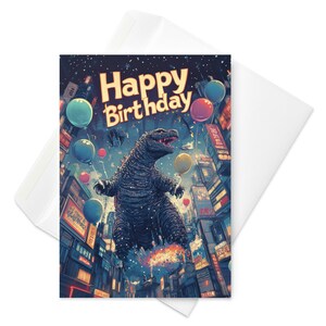 Festive Godzilla Birthday Card - Colorful City, Balloons in Hand ...