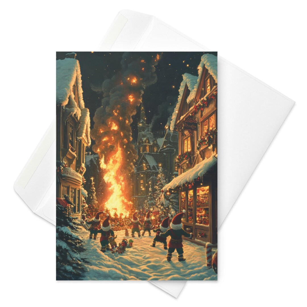 Funny Dark Humor Christmas Card Elves Burning Down Toyshop, Hilarious ...