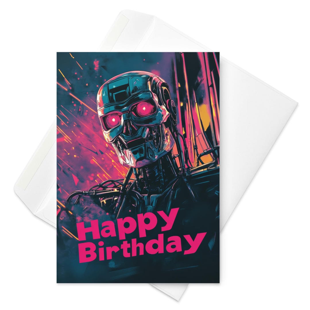 Pink Terminator Robot Birthday Card Futuristic Fun, Quirky Sci-fi ...