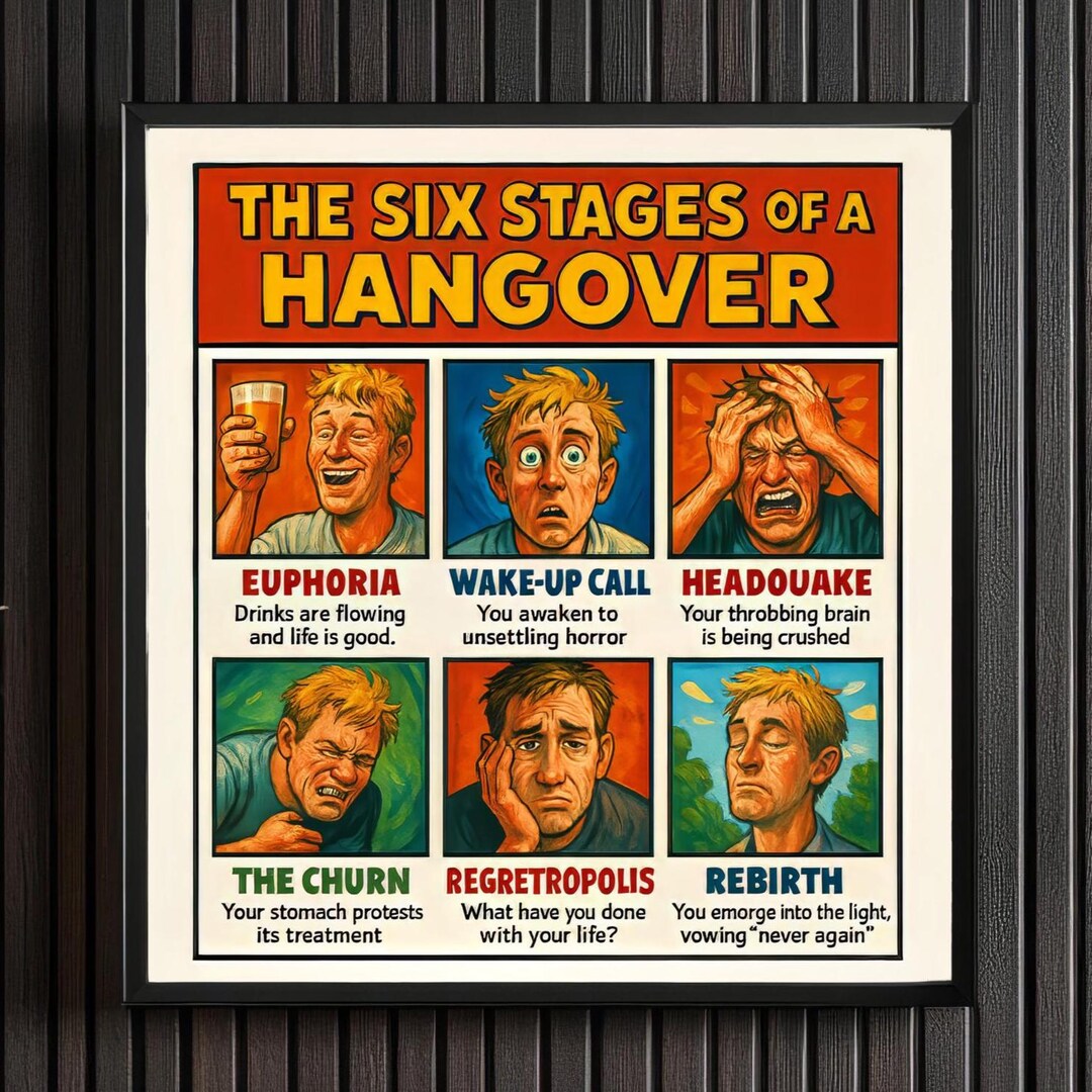 The Six Stages of Regret – Hangover Humor Art Print, Drinking Poster ...