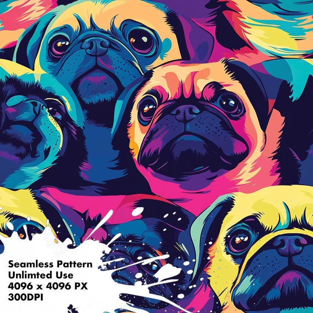 Neon Pugs Seamless Pattern – Colorful Dog Digital Design, Funky Pet ...