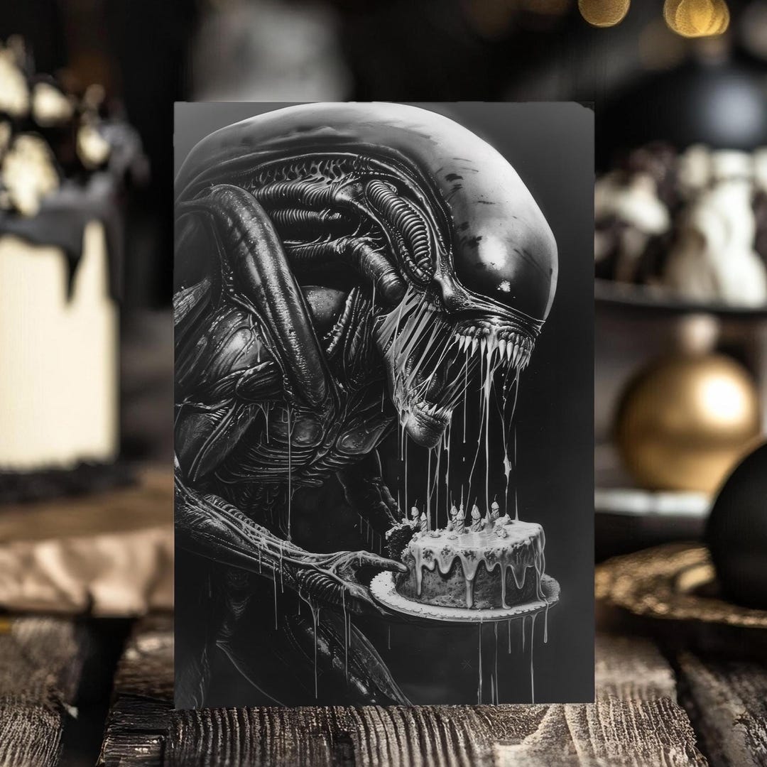 Alien Indulgence - Gothic Xenomorph Birthday Card, Messy Cake Encounter ...