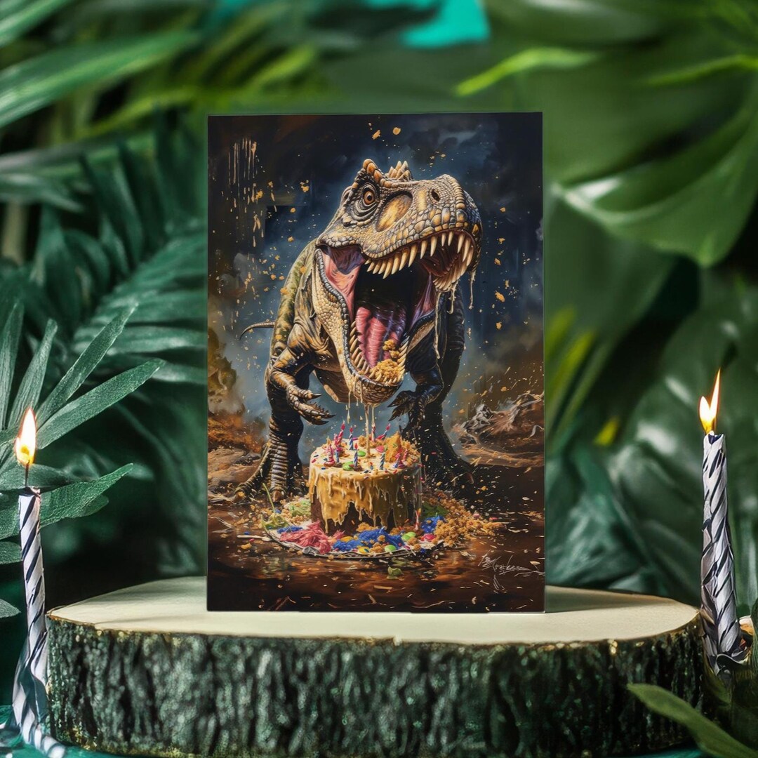 Jurassic Jamboree - Gothic T-rex Birthday Card, Messy Cake Feast ...