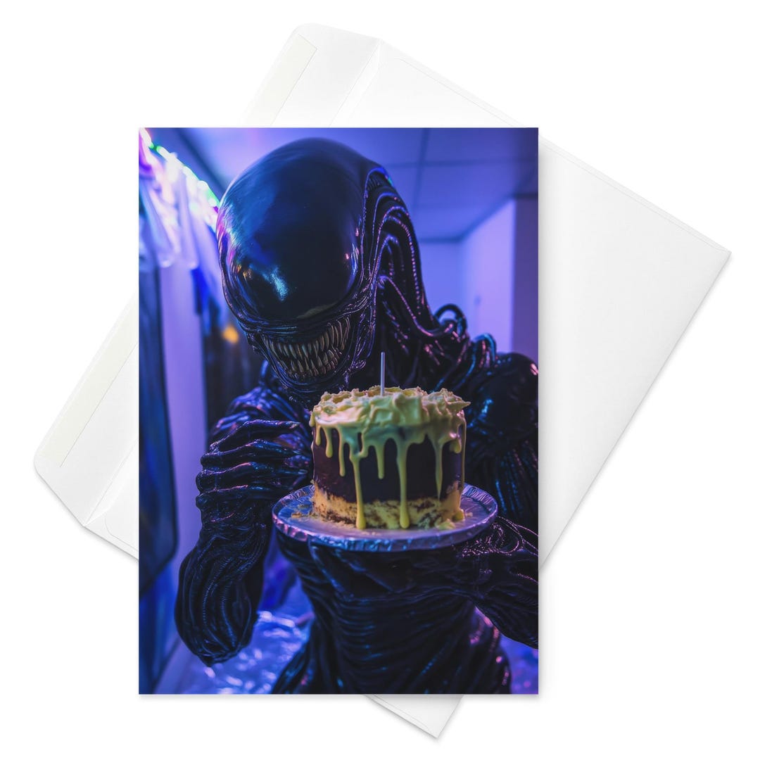 Xenomorph's Party Surprise: Gothic Alien Birthday Card - Sci-fi Cake ...