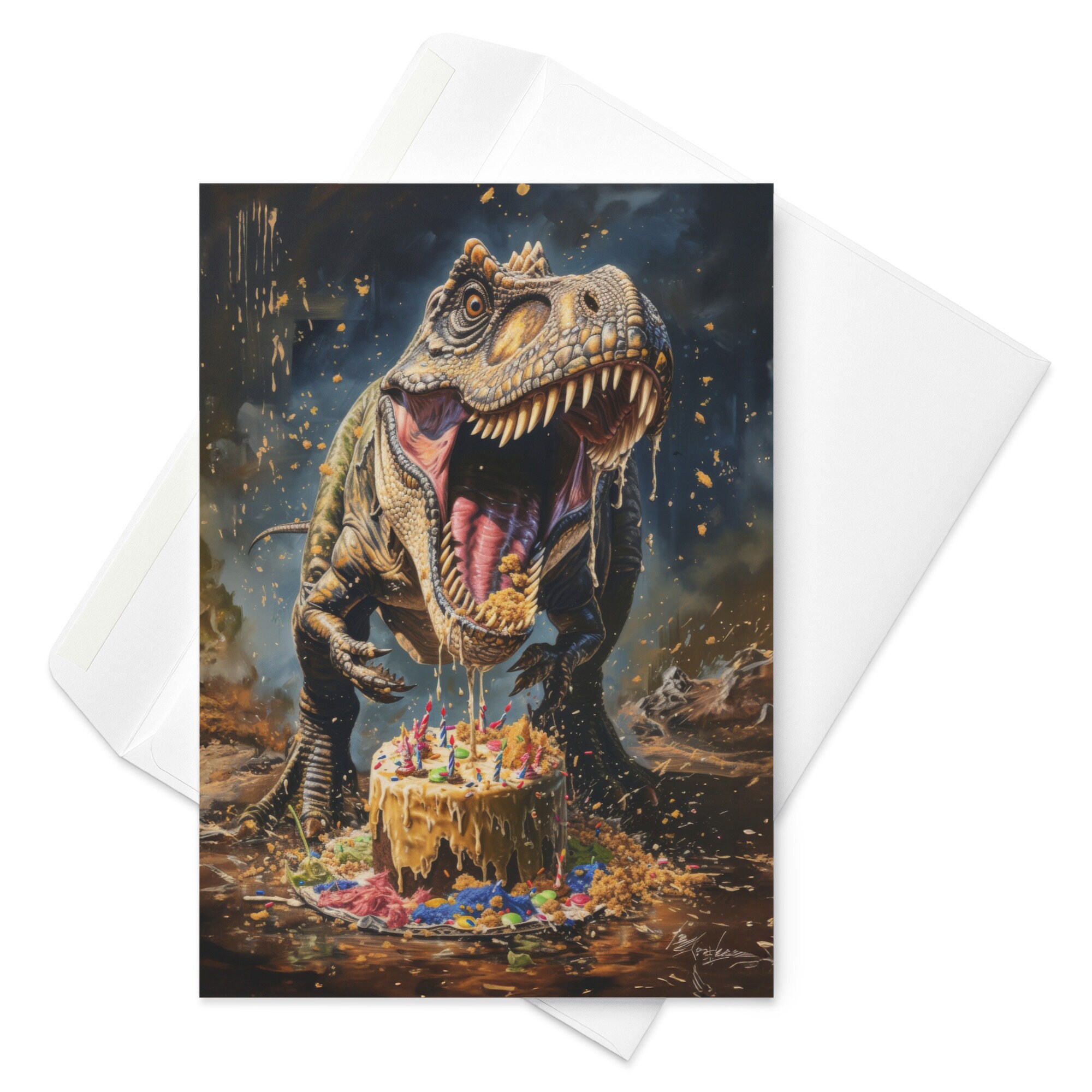 Jurassic Jamboree - Gothic T-rex Birthday Card, Messy Cake Feast ...