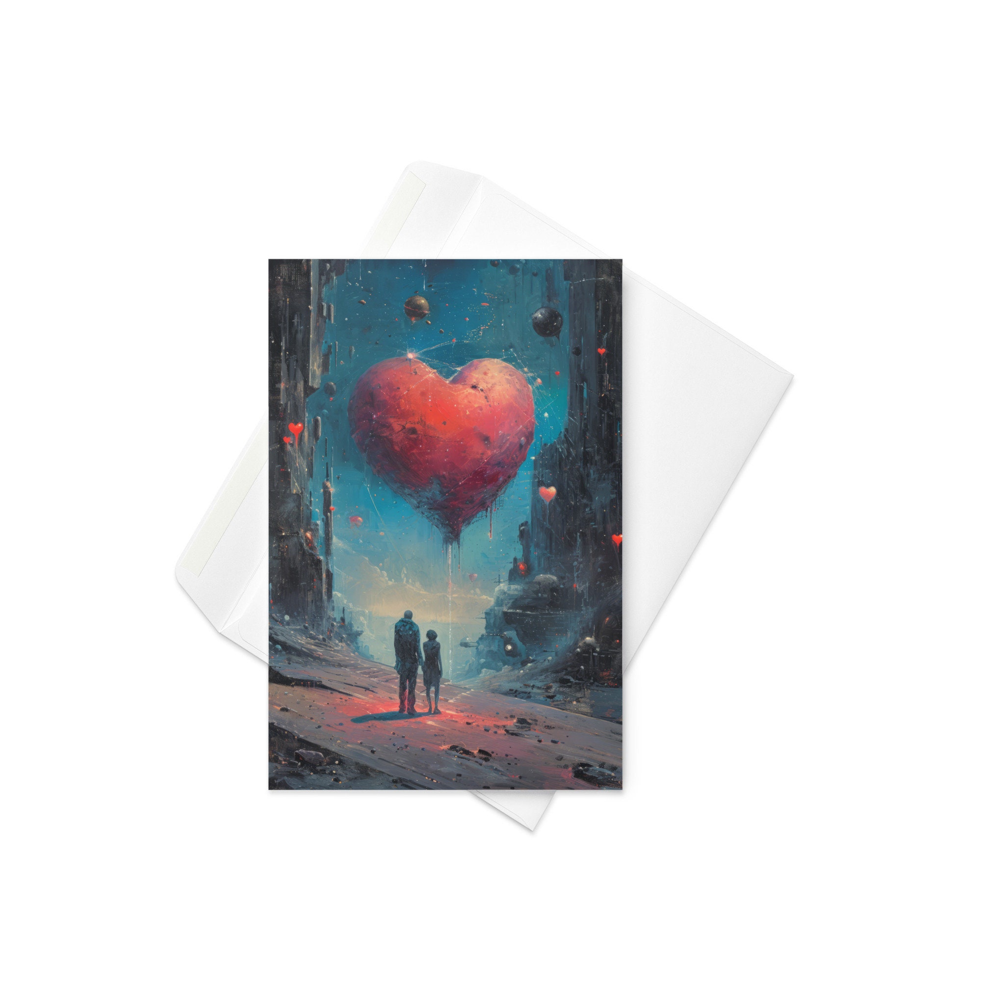 Sci-fi Valentine's Day Card Couple on Planet, Heart in Sky, Unique Love ...