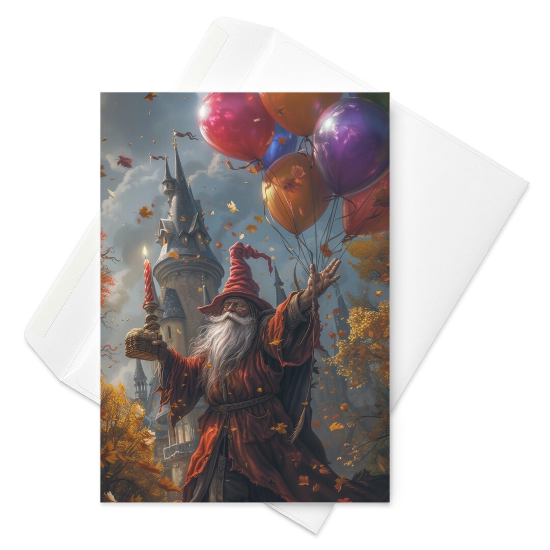 Mystical Birthday Greetings - Wizard With Colorful Balloons Card ...
