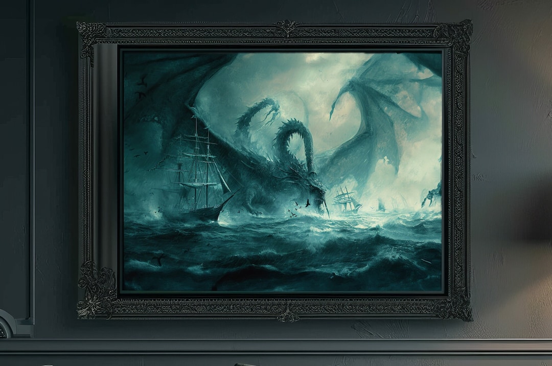 Epic Gothic Leviathan Battle Art Print, Mythical Sea Monster Vs Ship ...
