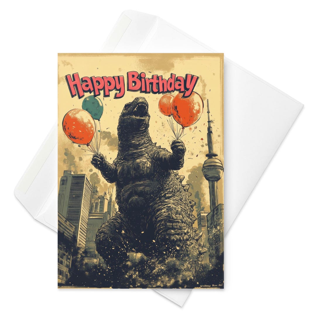 Cool Godzilla Birthday Card - City Destruction, Balloons & Epic Gothic ...