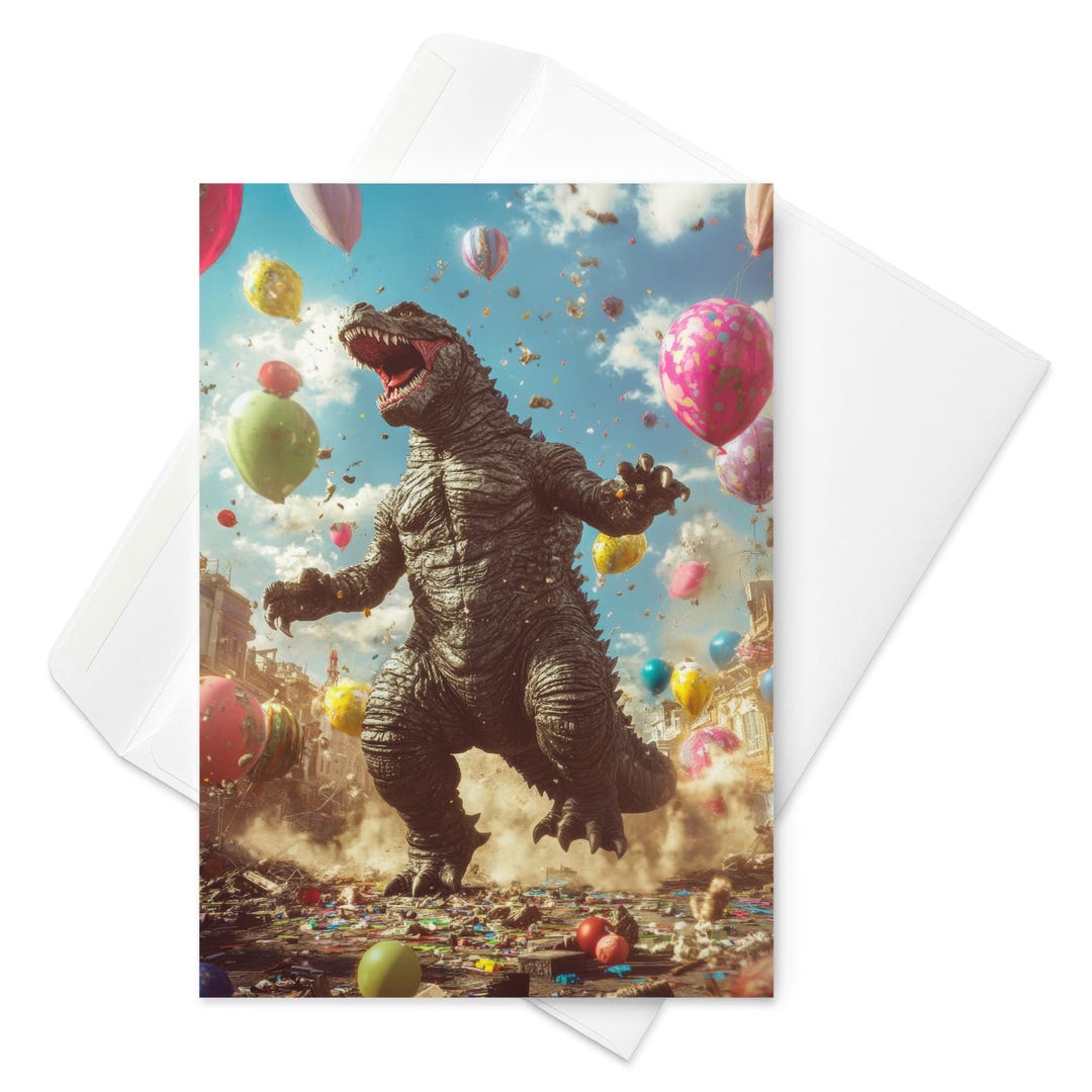Godzilla Dancing in Balloon City Birthday Card – Fun and Whimsical Kids ...