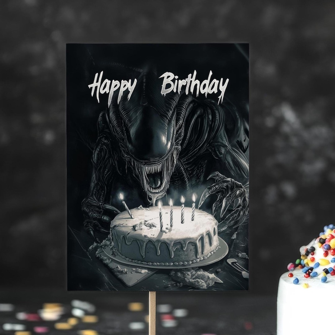 Alien Appetite Birthday Card - Xenomorph Devouring Cake, Gothic Sci-fi ...