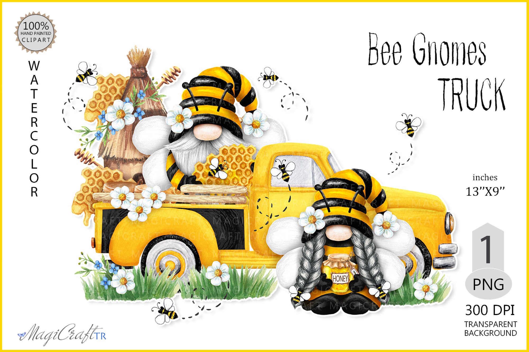 Watercolor Bee Gnomes Png, Bee Gnome Truck Sublimation, Honey Bee ...