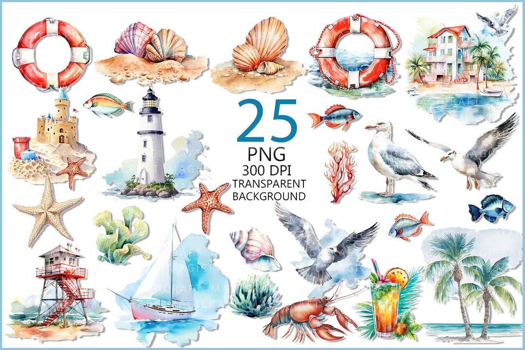 Marine Png Clipart, Watercolor Seashells Clipart Sublimation Design ...