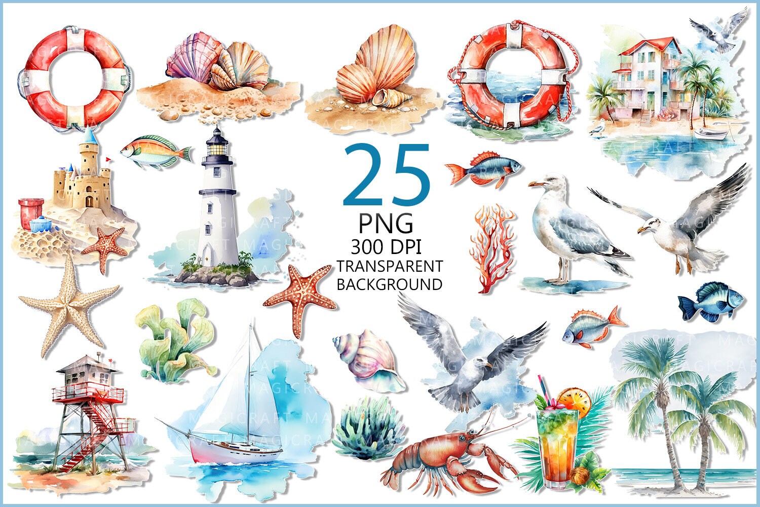 Marine Png Clipart, Watercolor Seashells Clipart Sublimation Design ...