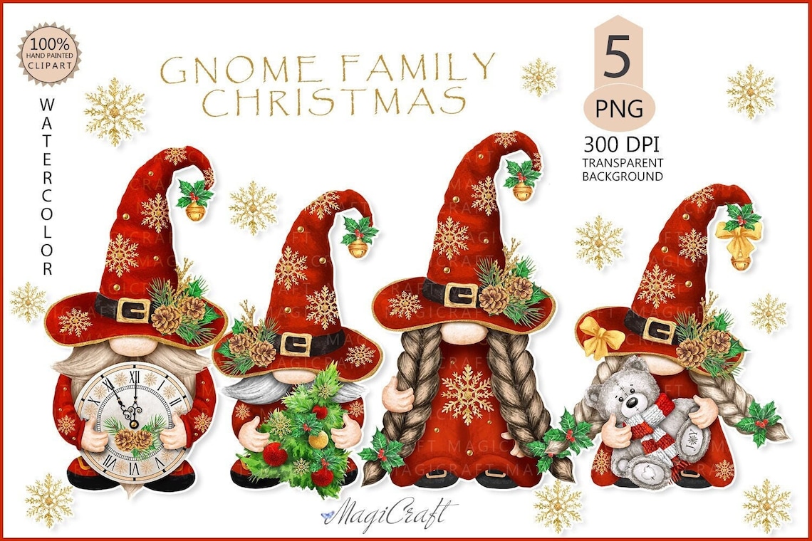 Christmas Gnome Family Dad Mom Children Gnome Hand Drawn Watercolor ...
