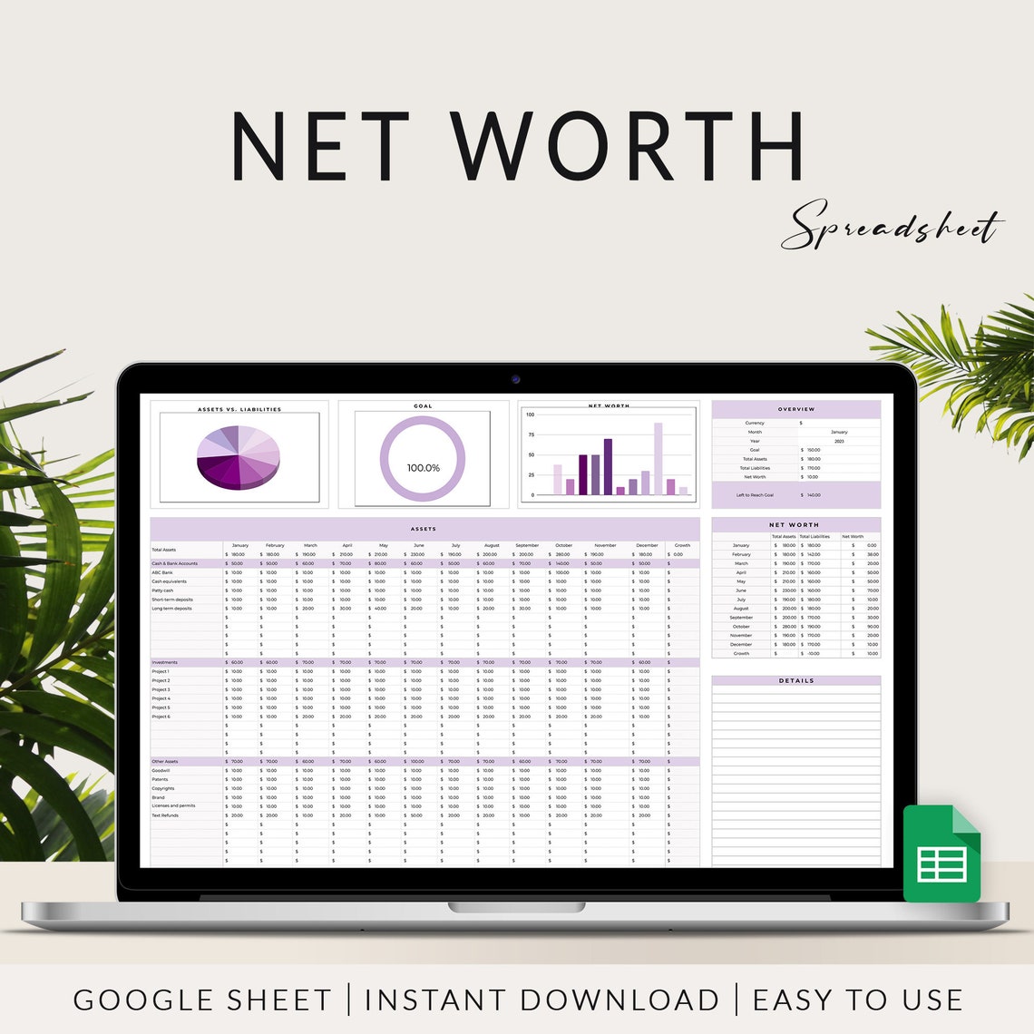 Net Worth Tracker Spreadsheet Template for Google Spreadsheet, Personal ...