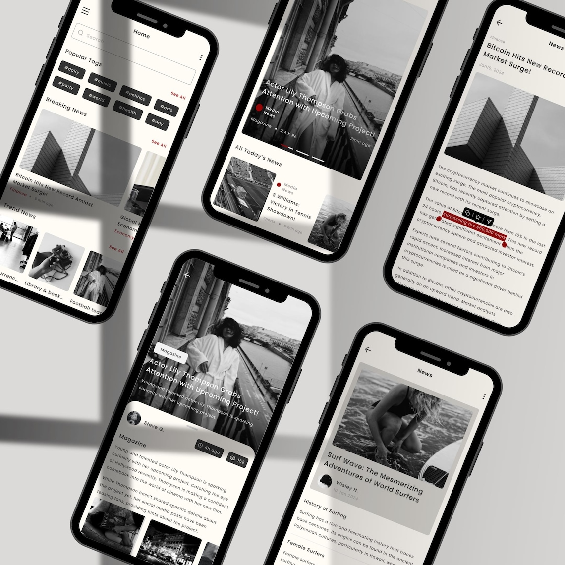 News App UI Kit | 5 Mobile Screens | Home, News, and Detail Pages ...