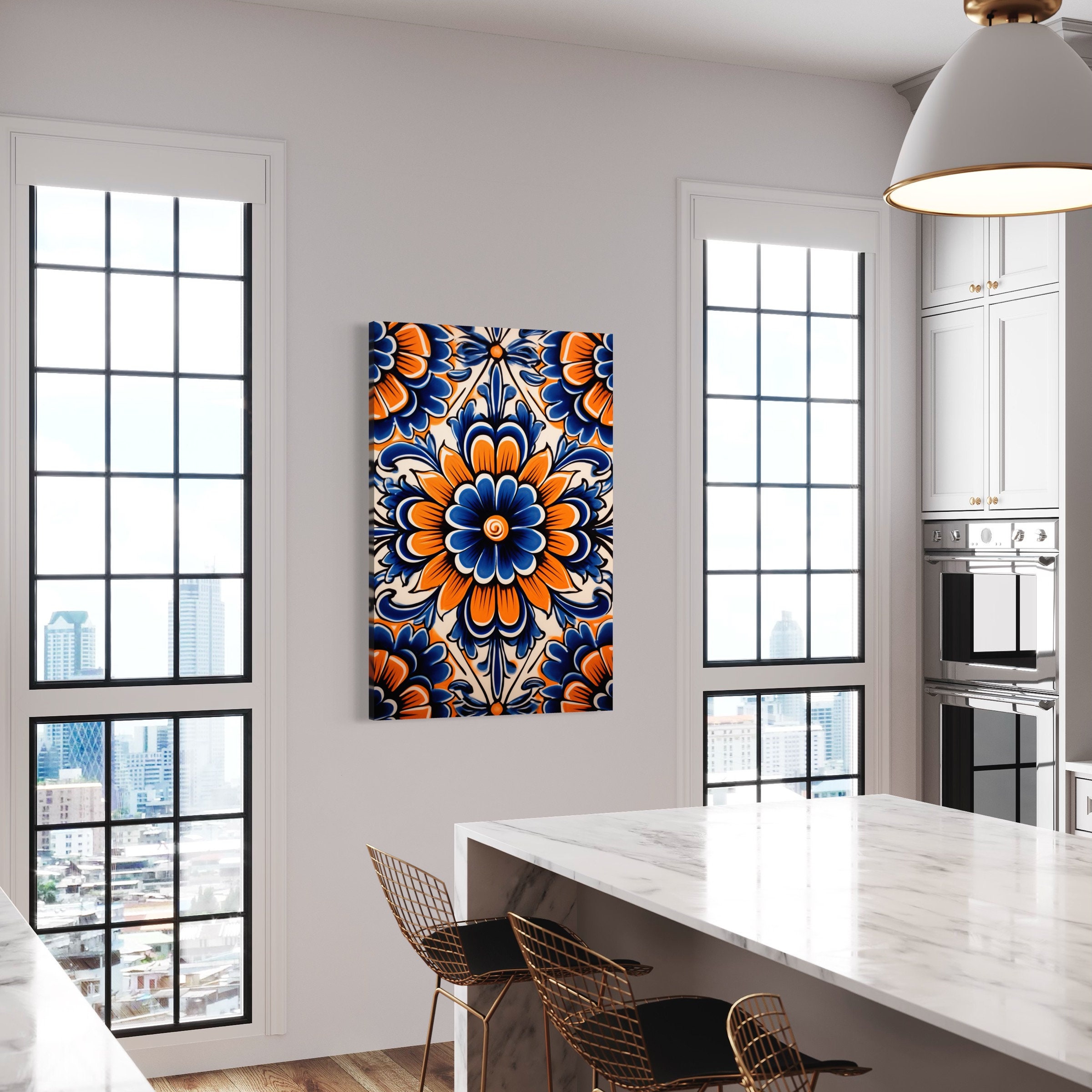Mexican Floral Tiles Wall Art, Canvas Print, Blue and Orange Tiles ...