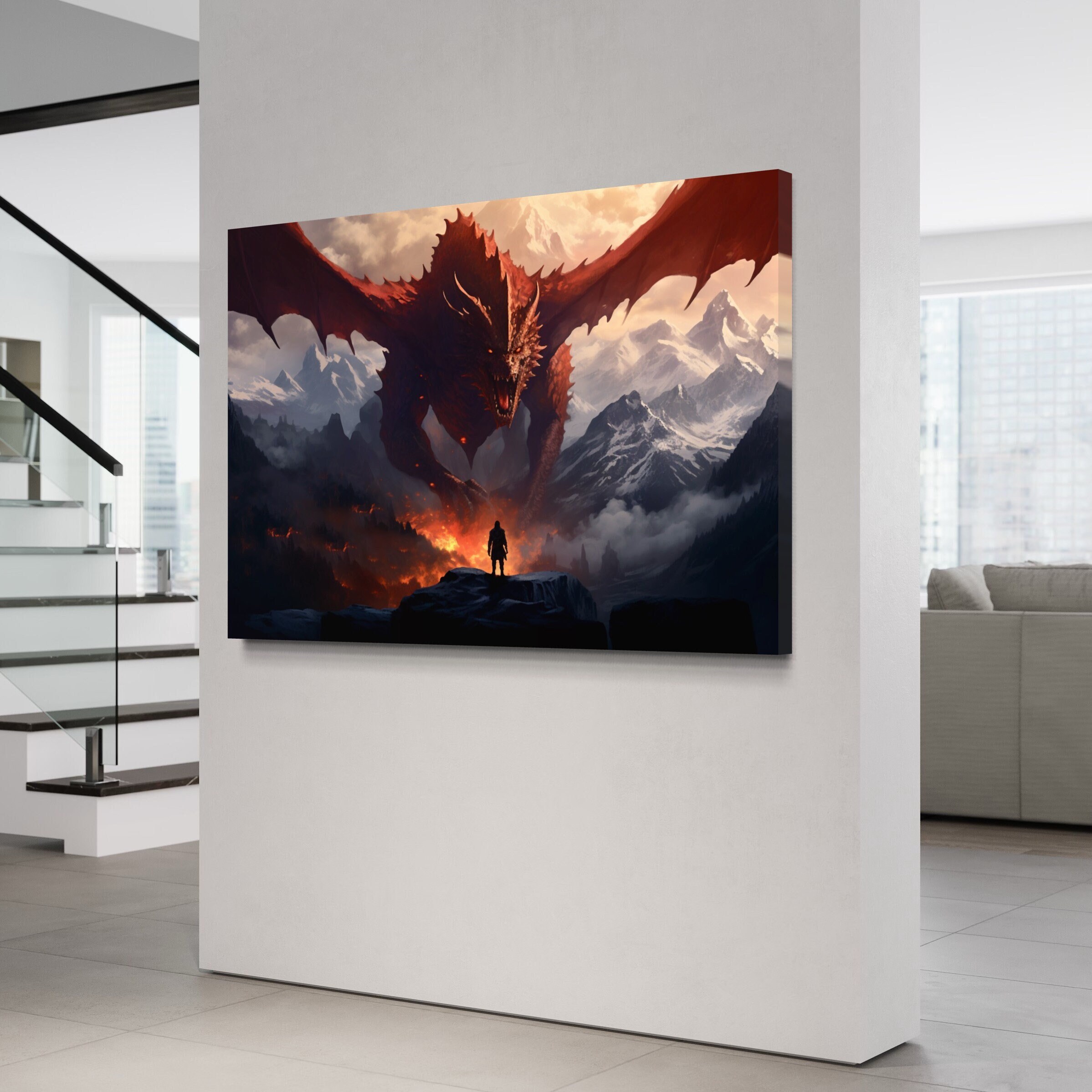 Man Vs. Dragon Wall Art, Fantasy Scene Wall Art, Dragon and Mountains ...