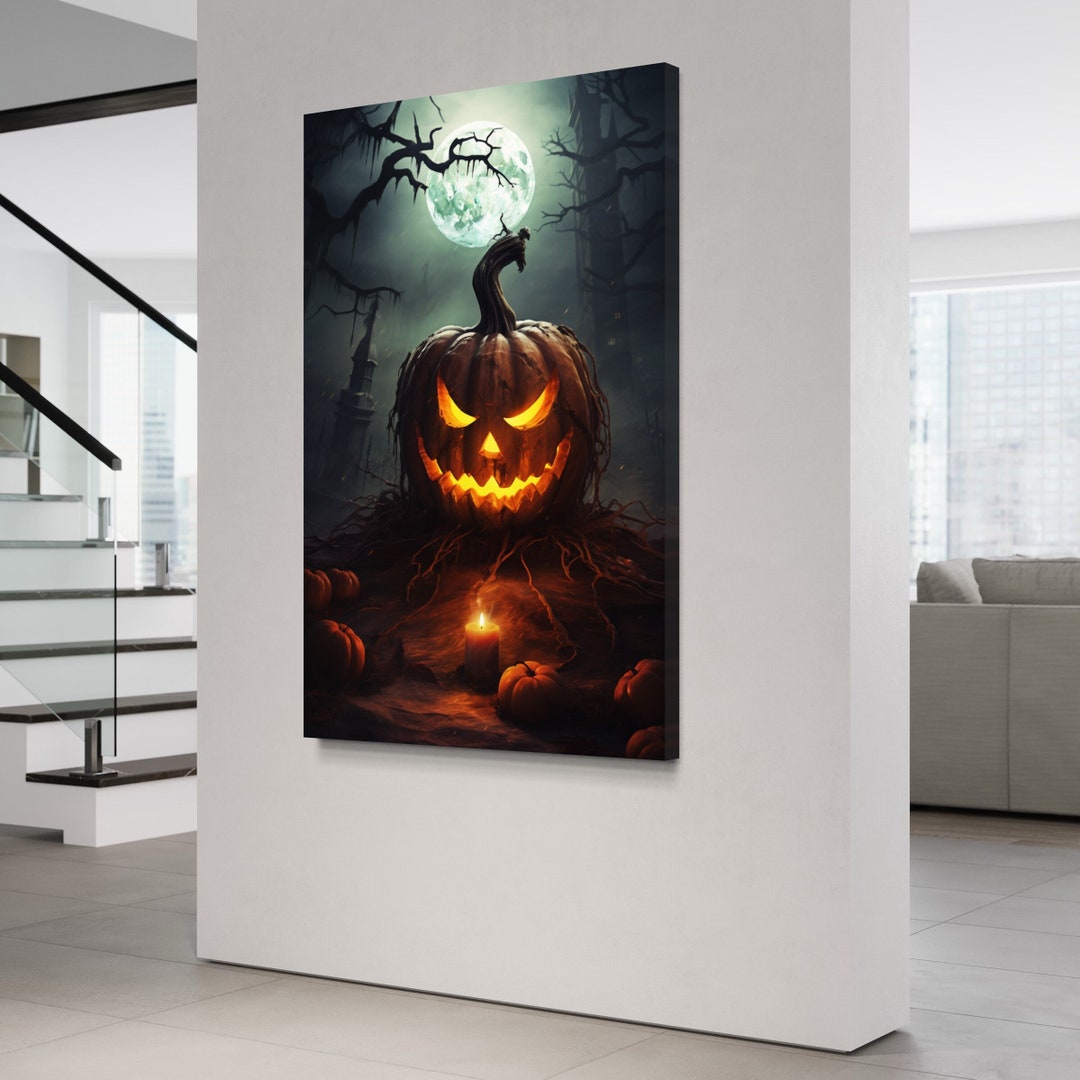 Spooky Halloween Pumpkin Wall Art, Candlelit Pumpkin in Dark Atmosphere ...