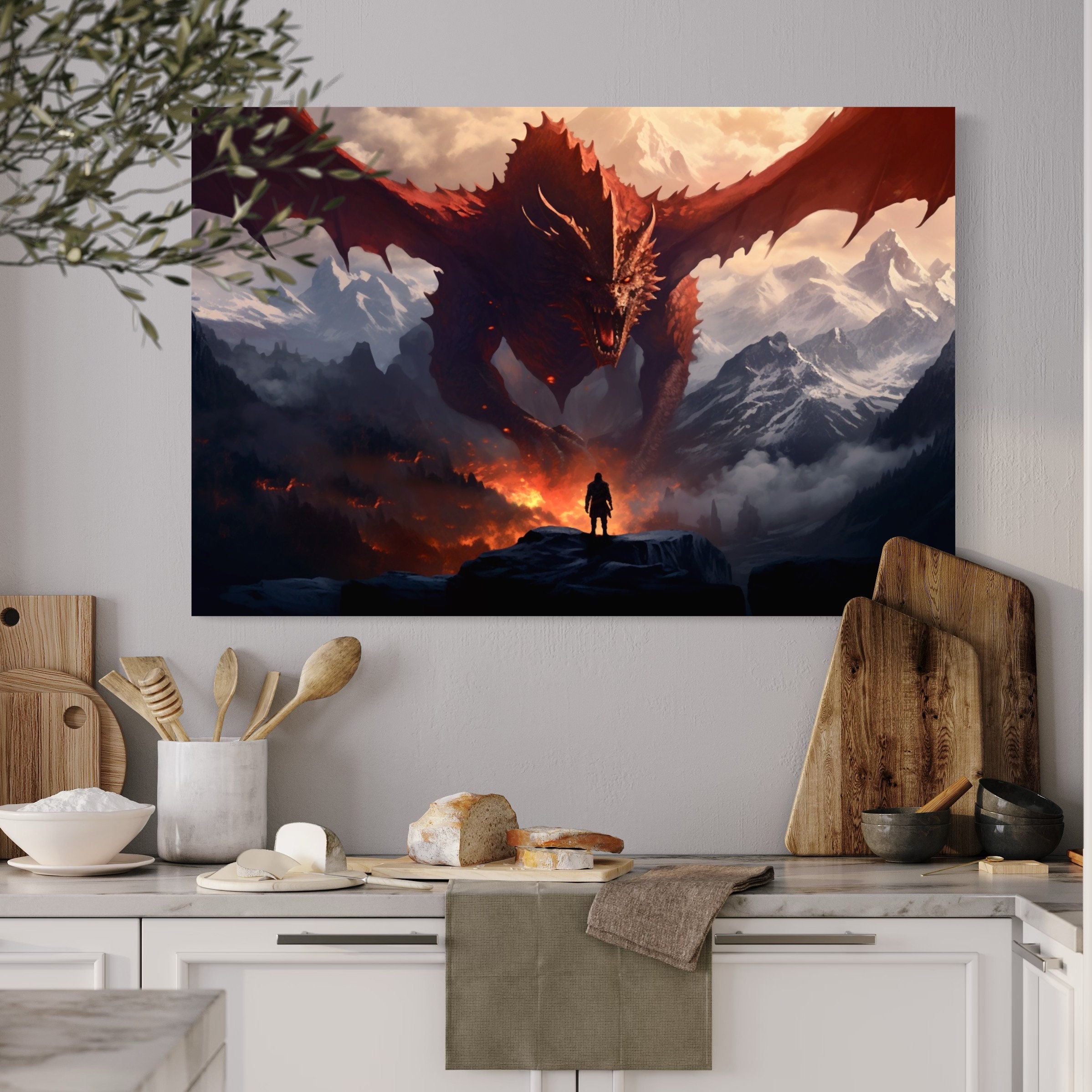 Man Vs. Dragon Wall Art, Fantasy Scene Wall Art, Dragon and Mountains ...