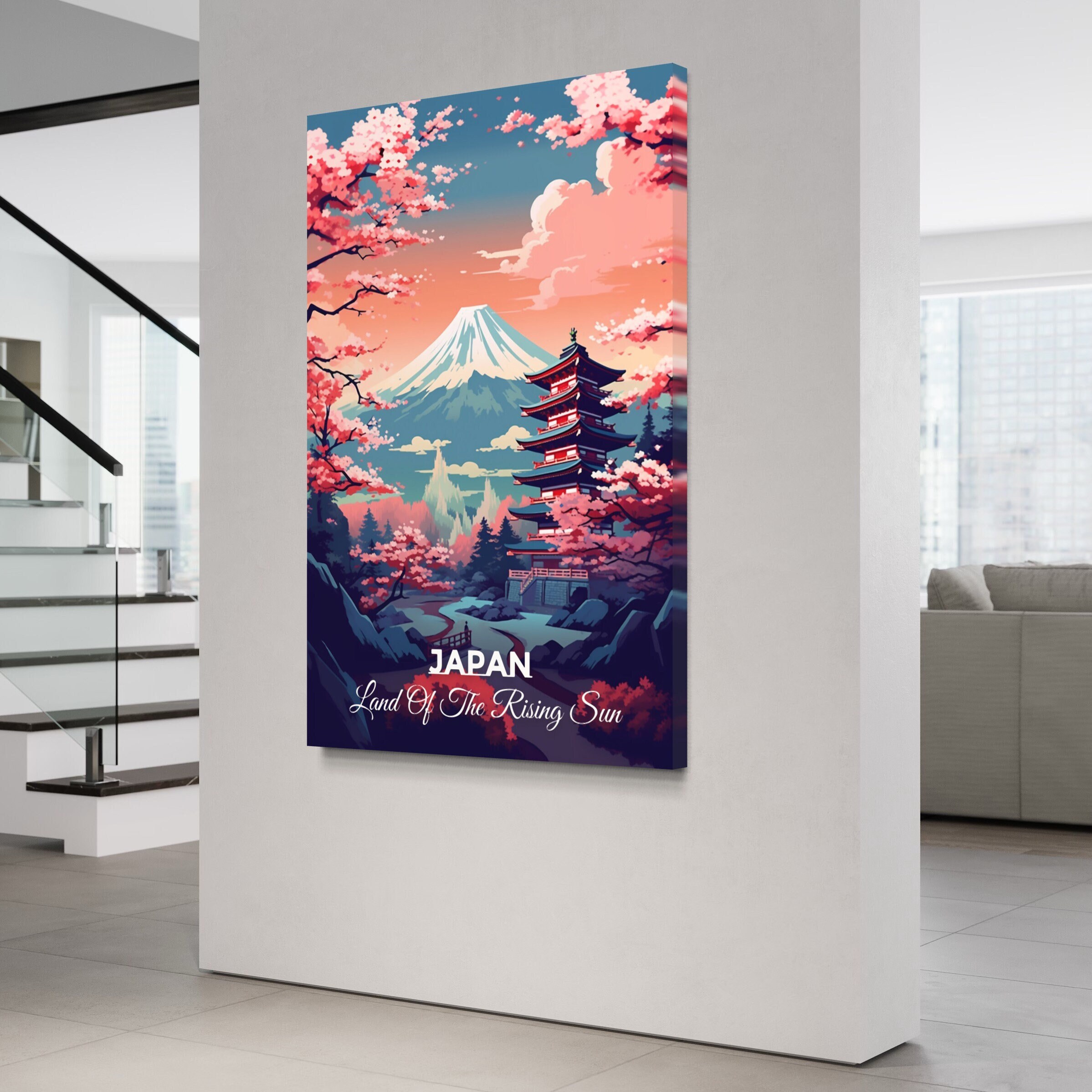 Japanese Cherry Blossom Canvas Wall Art, Travel Poster, Japanese Pagoda ...