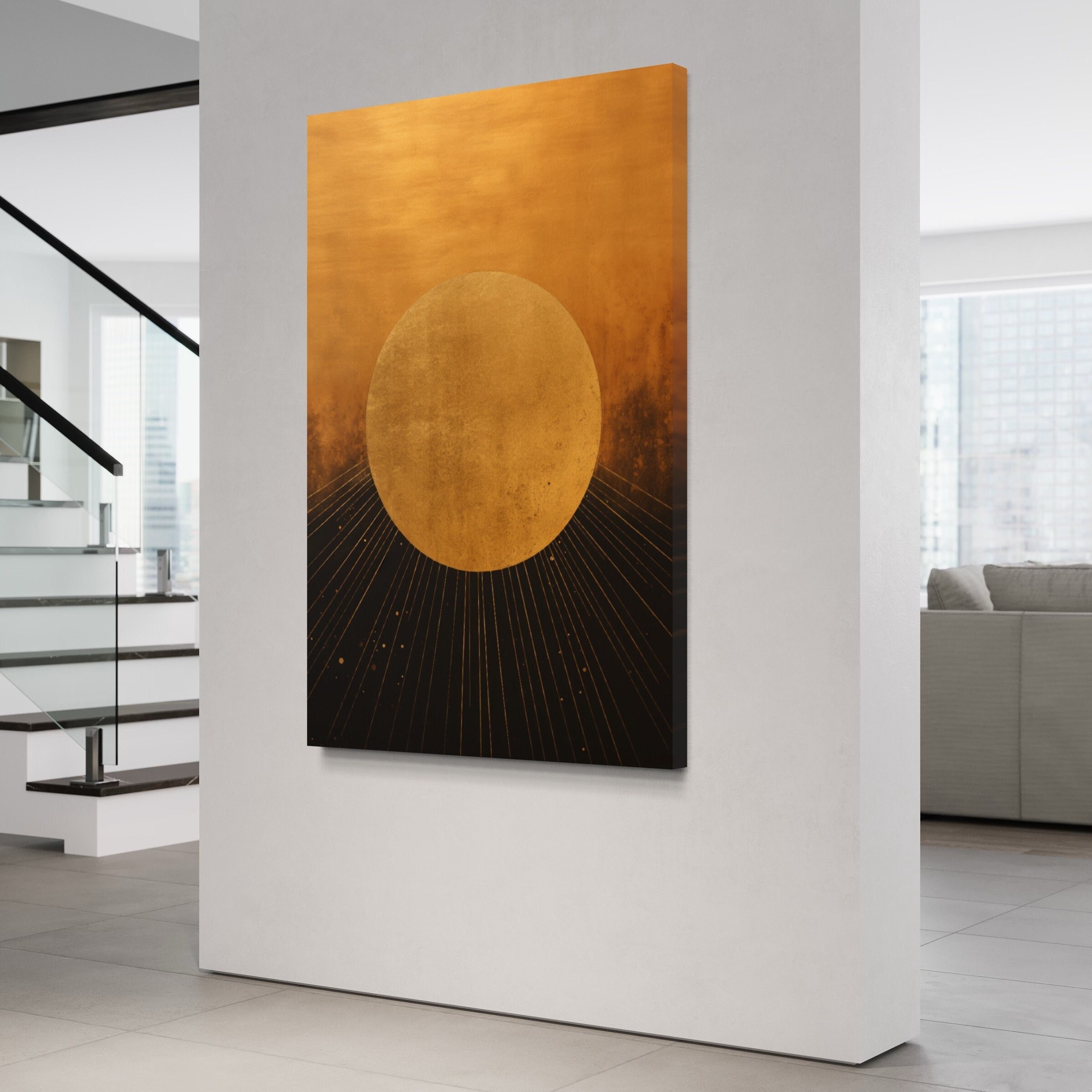 The Golden Sun Canvas Wall Art, Abstract Solar System Painting ...