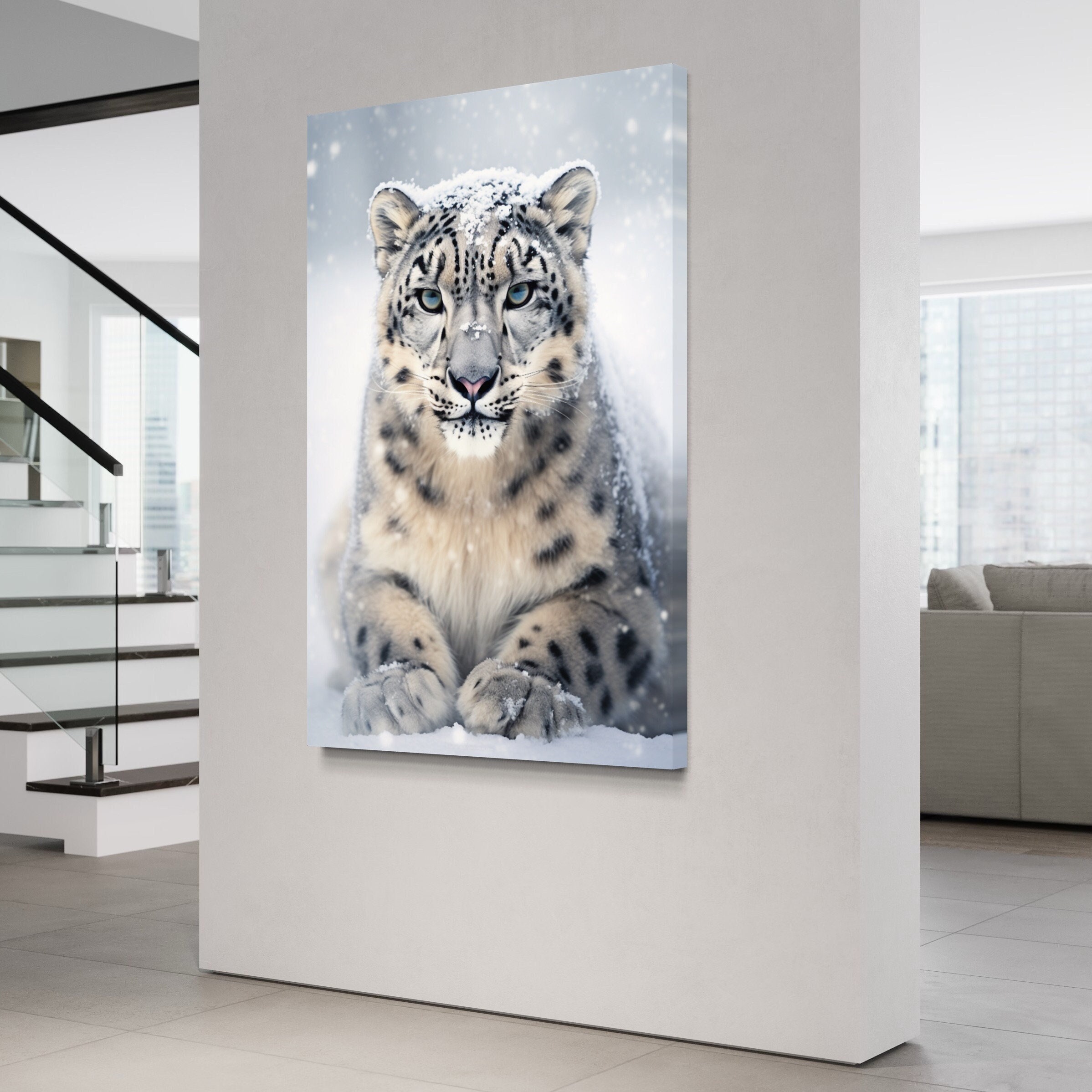 White Leopard Canvas Wall Art, Leopard Covered in Snow Art, Sitting ...
