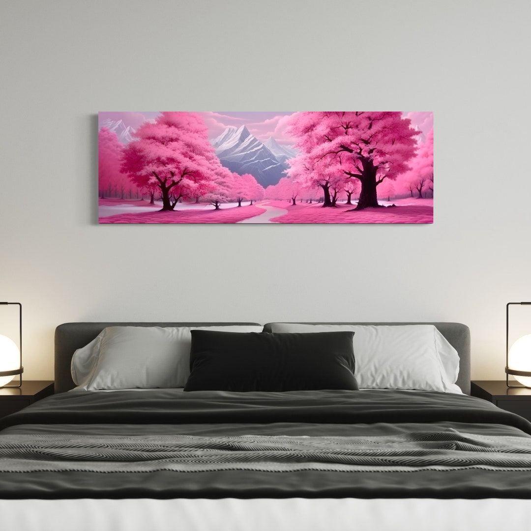 Pink Landscape Wall Art, Pink Trees Painting, Snow and Mountains Wall ...