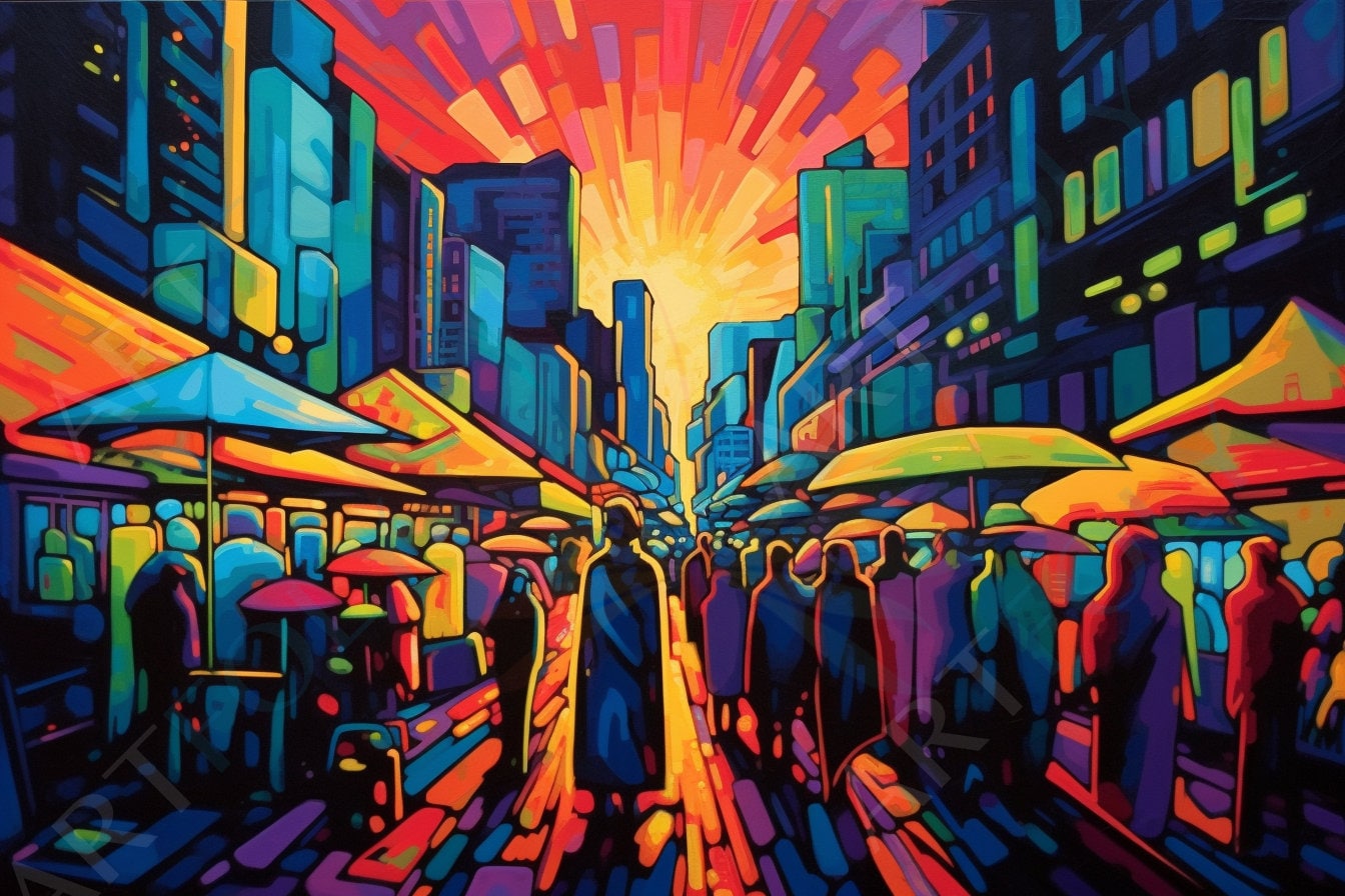 Neon City Pulse Canvas Poster, Illuminated Urban Vibrance Wall Art ...