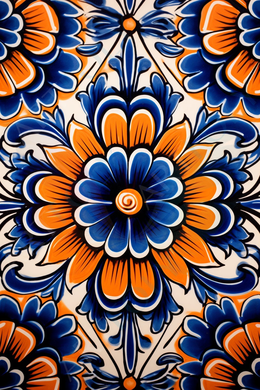 Mexican Floral Tiles Wall Art, Canvas Print, Blue and Orange Tiles ...