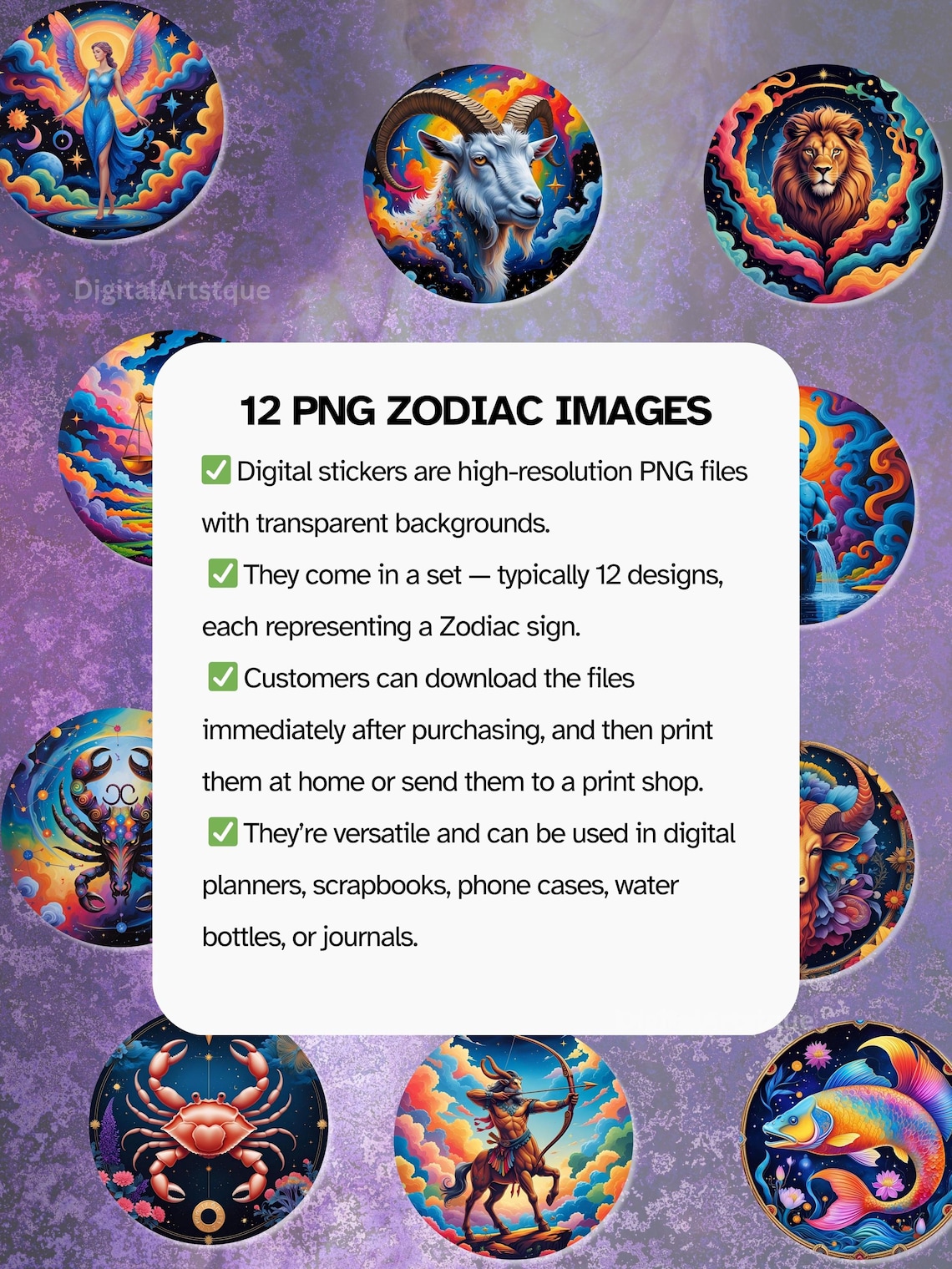 Colorful Zodiac Stickers: Astrology PNG Art (digital Download, 12 Signs ...