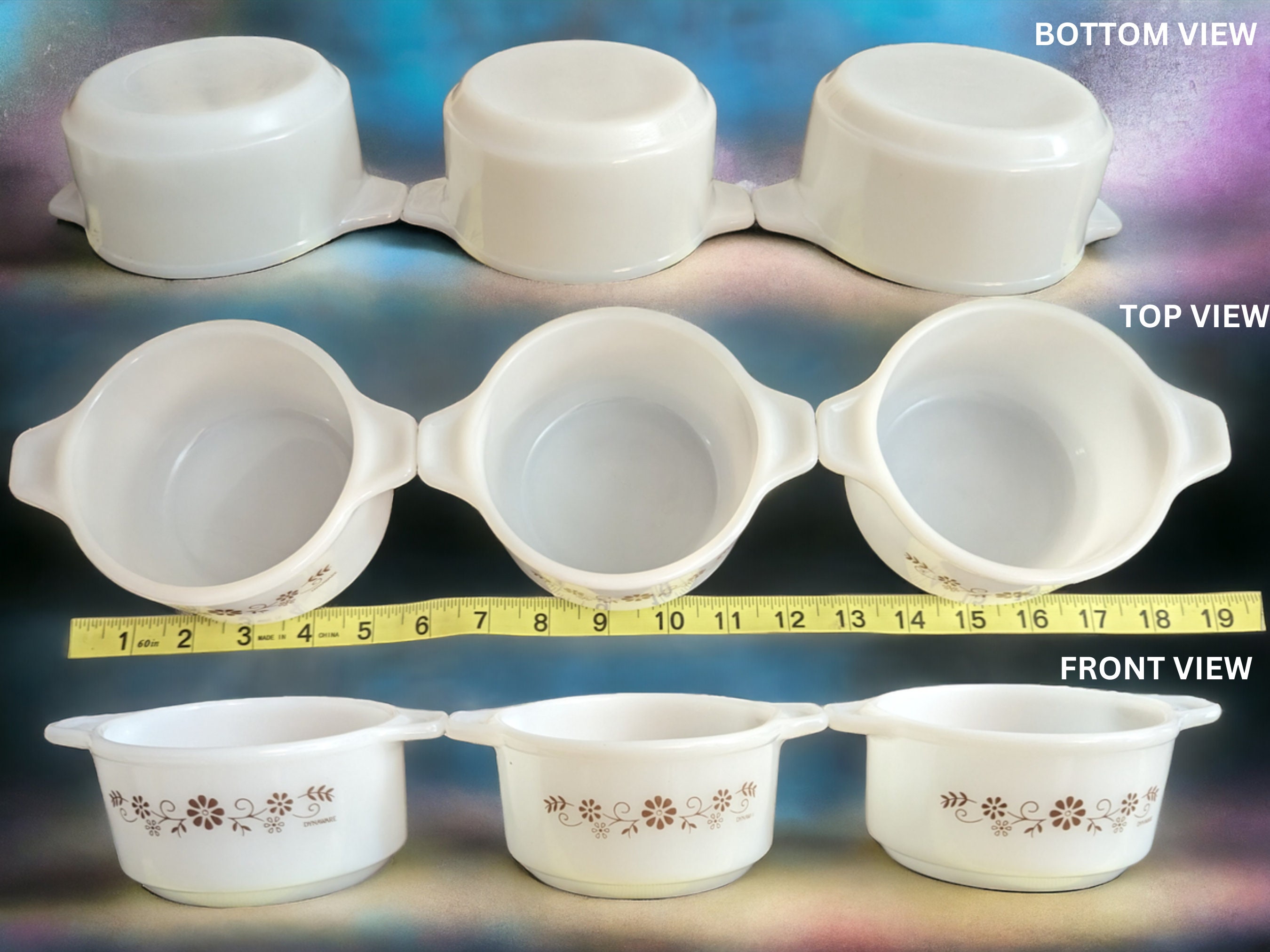 Vintage Set of 3 Dynaware Pyr-o-rey Ovenware, Brown Daisy Milk Glass ...