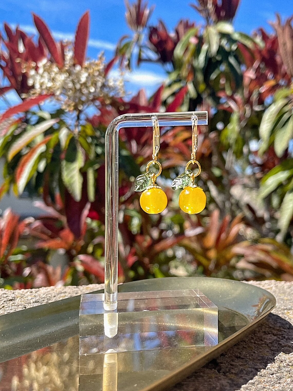 Persimmon Earrings | Gold Leverback Hoop Earrings; Red, Orange, Pink ...