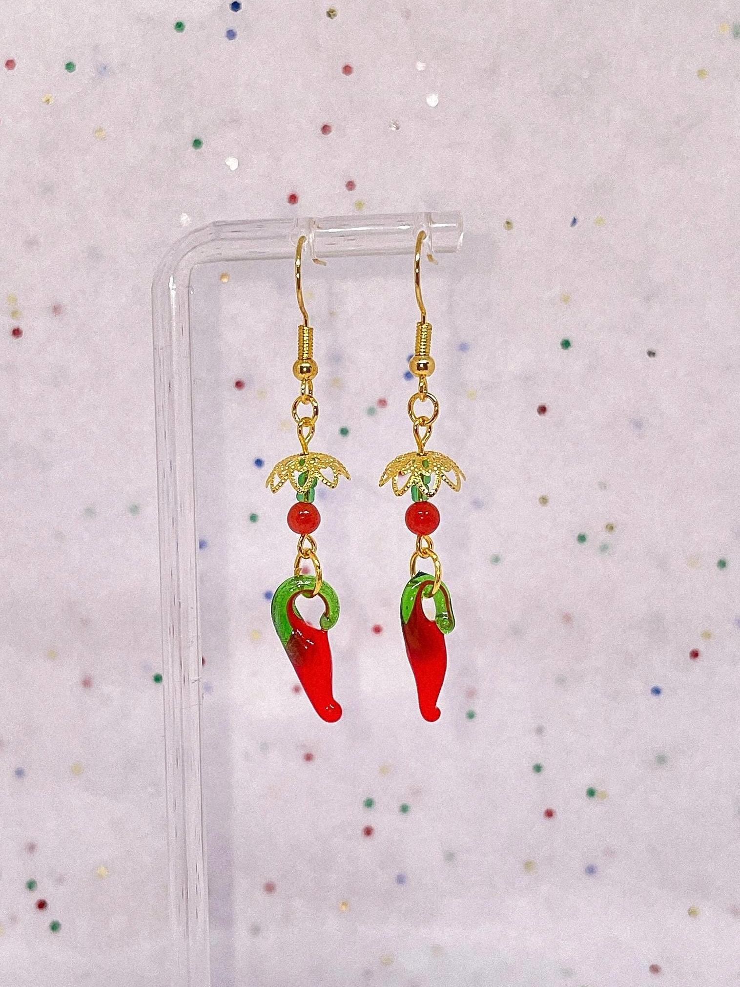 Glass Chili Pepper Earrings ~ 3 Styles | Red Quartz Beads, Gold-toned ...