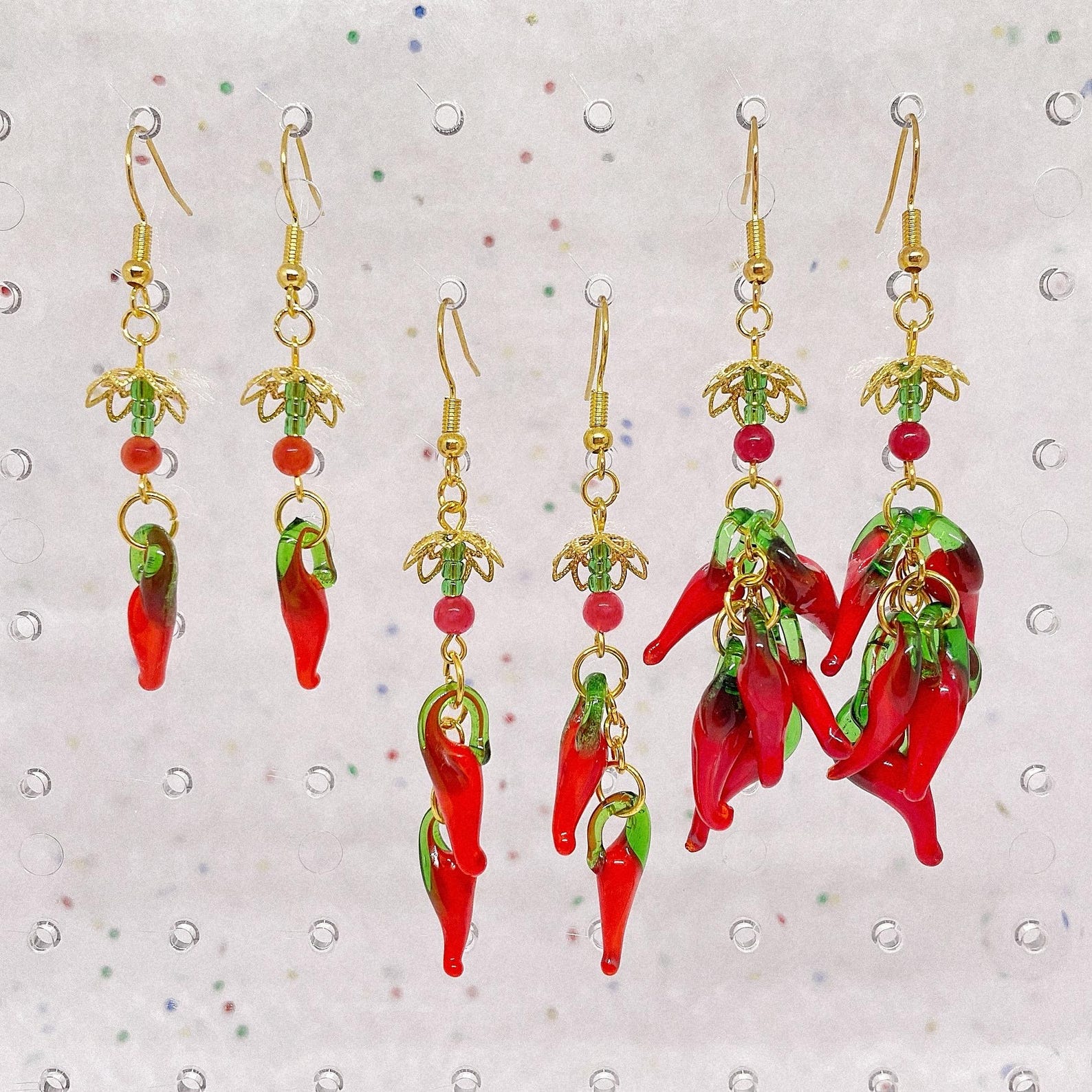 Glass Chili Pepper Earrings ~ 3 Styles | Red Quartz Beads, Gold-toned ...